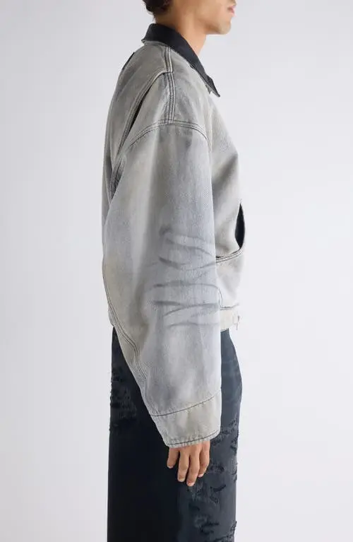 Acne Studios Faded Denim Jacket With Leather Collar - White/black