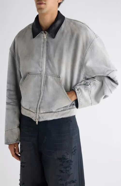 Acne Studios Faded Denim Jacket With Leather Collar - White/black
