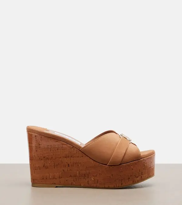 JIMMY CHOO Leda Suede Wedge Mules - Beige