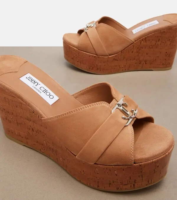 JIMMY CHOO Leda Suede Wedge Mules - Beige