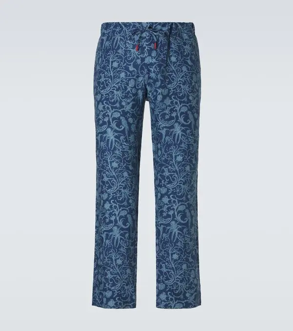 Kiton Printed Linen Straight Pants - Blue