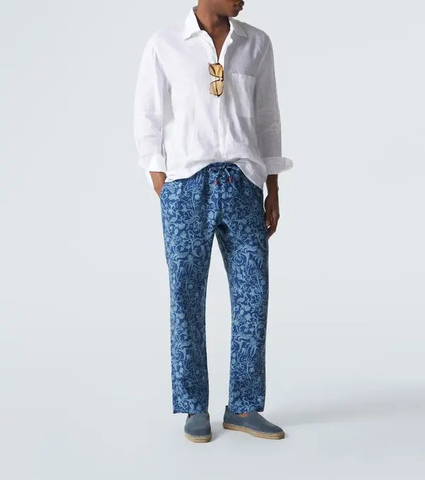 Kiton Printed Linen Straight Pants - Blue