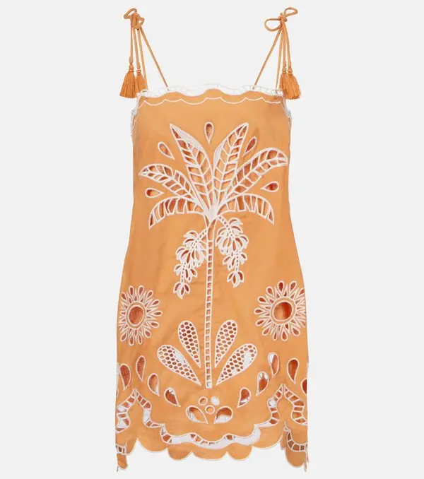 Farm Rio Banana Tree Embroidered Linen-blend Minidress - Orange