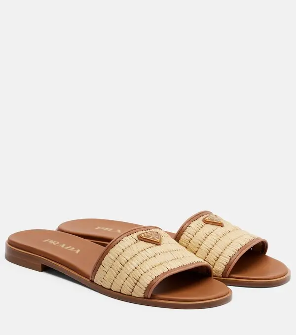Prada Leather-trimmed Raffia Sandals - Beige