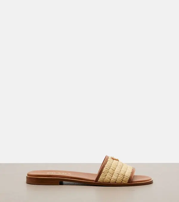 Prada Leather-trimmed Raffia Sandals - Beige