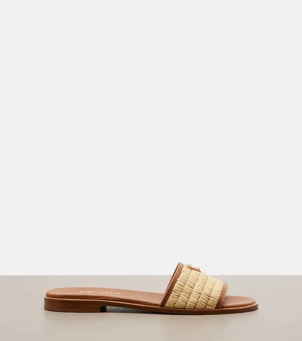 Prada Raffia And Leather Slides - Beige