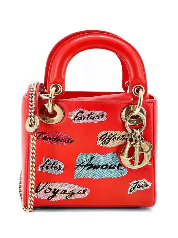 Dior Lady Chain Bag Beaded Leather Mini Shoulder Bag - Red