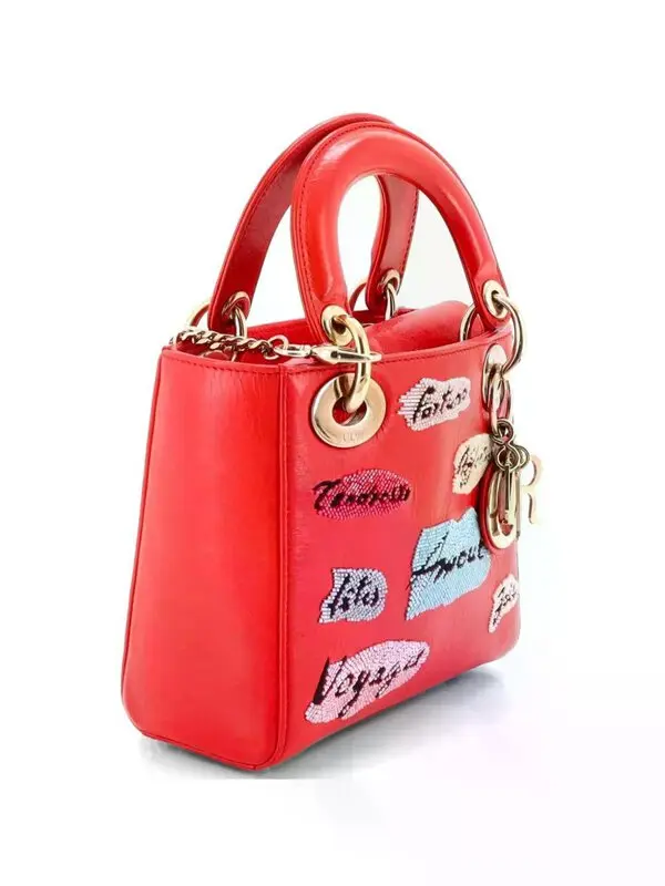 Dior Lady Chain Bag Beaded Leather Mini Shoulder Bag - Red