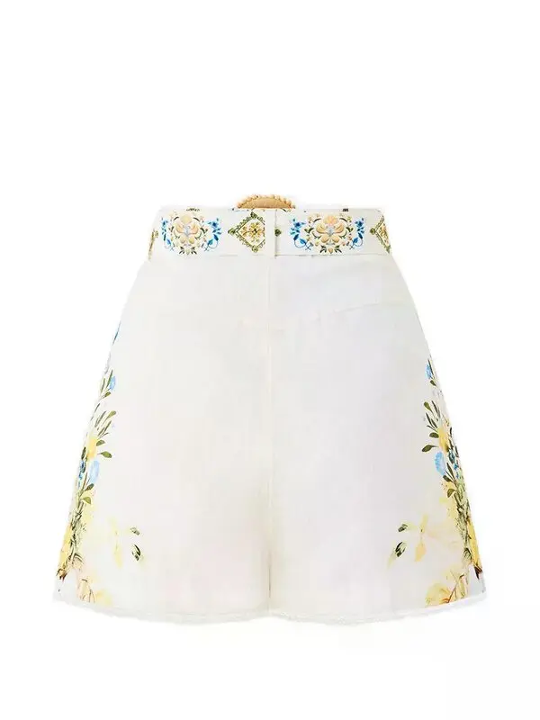 Camilla Floral Print Belted Shorts With Embellished Buckle - Neutrals