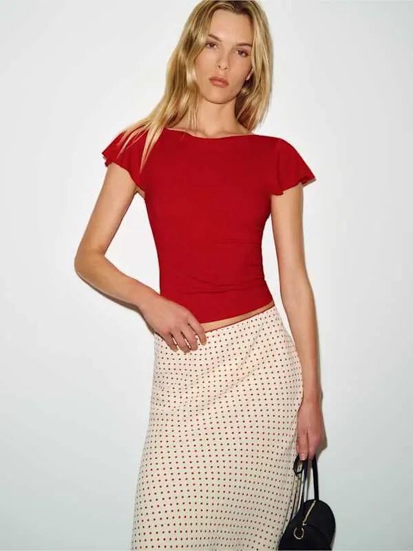 REFORMATION Jensen Knit Top With Flutter Sleeves - Red