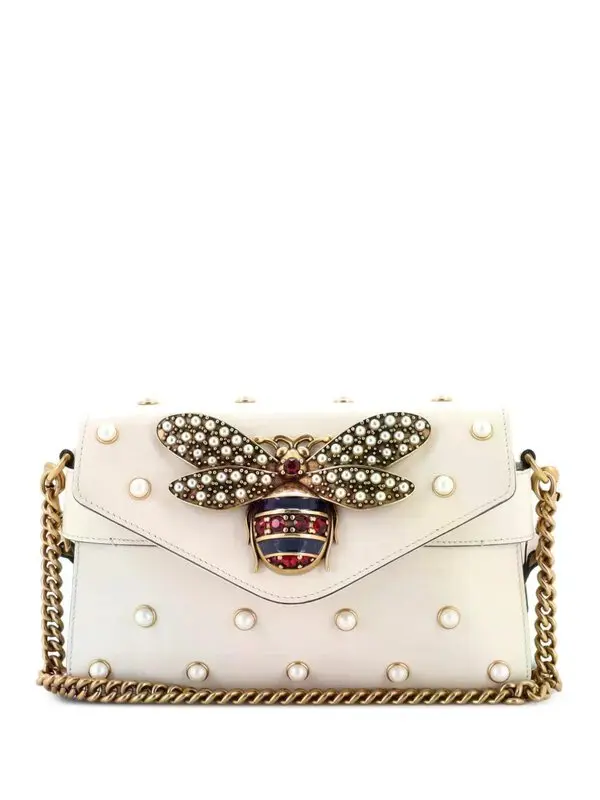 Gucci Broadway Pearly Bee Embellished Leather Mini Shoulder Bag - Neutrals