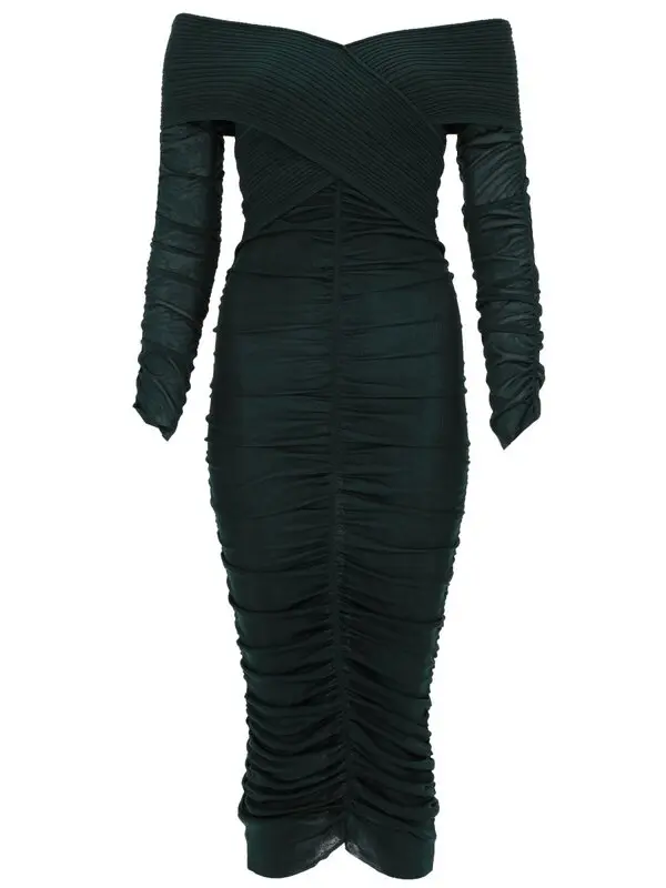 SELF-PORTRAIT Viscose Gathered Midi Dress - Green