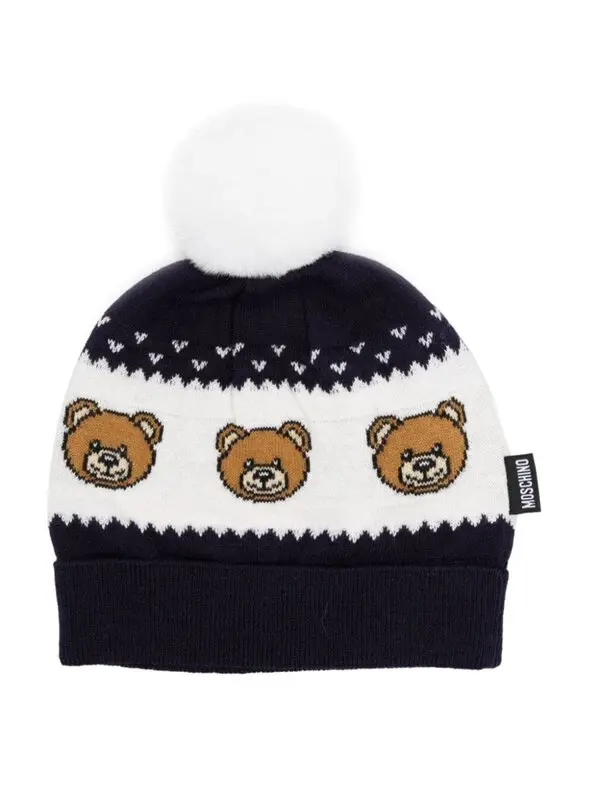 Moschino Beanie With Bear Applique And Pom-pom - Blue