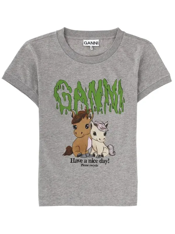 GANNI T-shirt With Print And Logo - Grey
