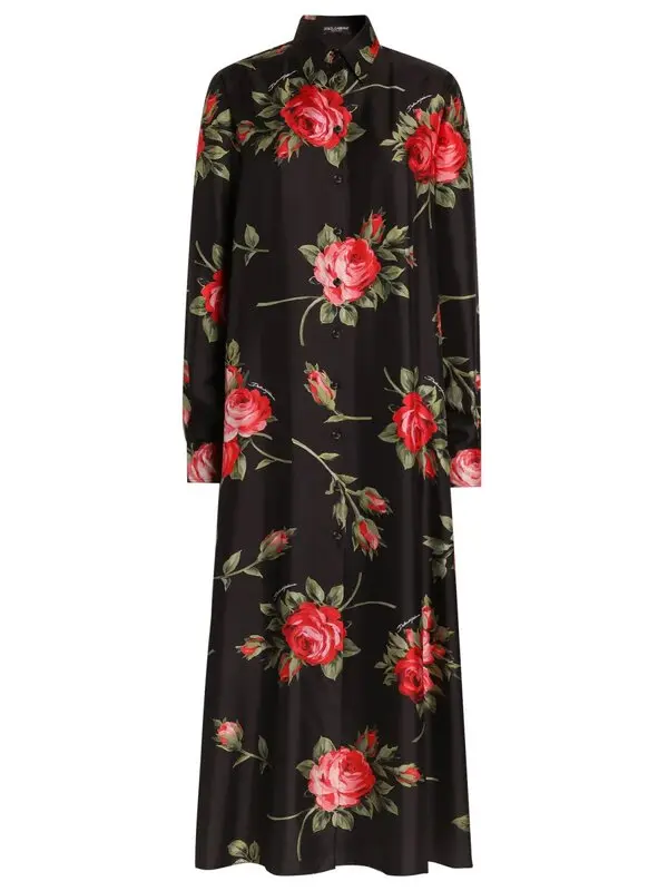 Dolce & Gabbana Rose Bouquet Print Twill Long Dress - Black