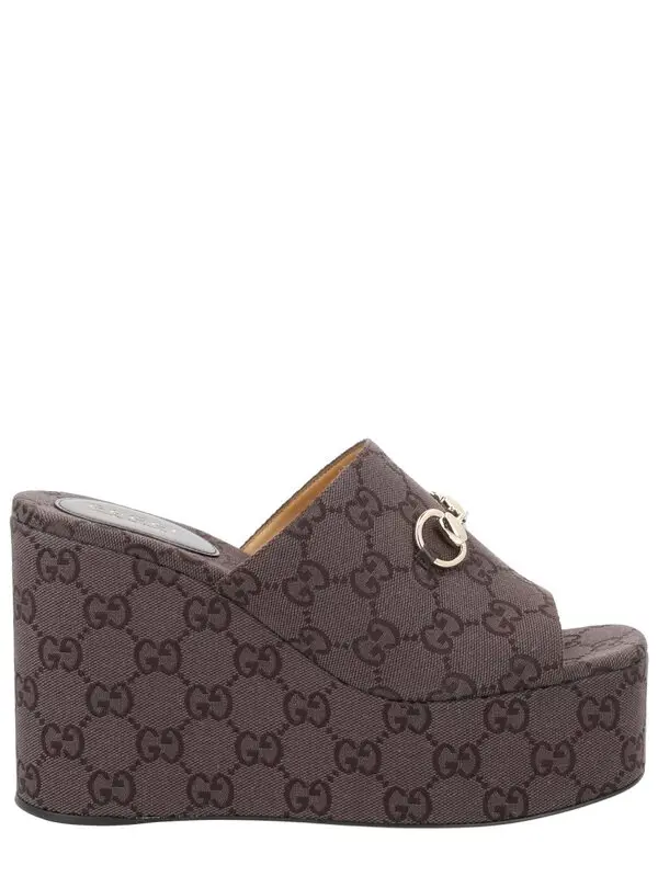 Gucci Fabric Wedge Sandal With Gg Pattern - Brown