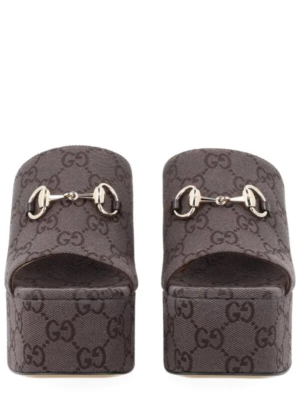 Gucci Fabric Wedge Sandal With Gg Pattern - Brown