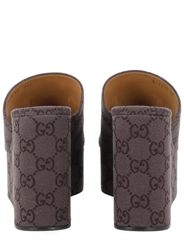 Gucci Fabric Wedge Sandal With Gg Pattern - Brown