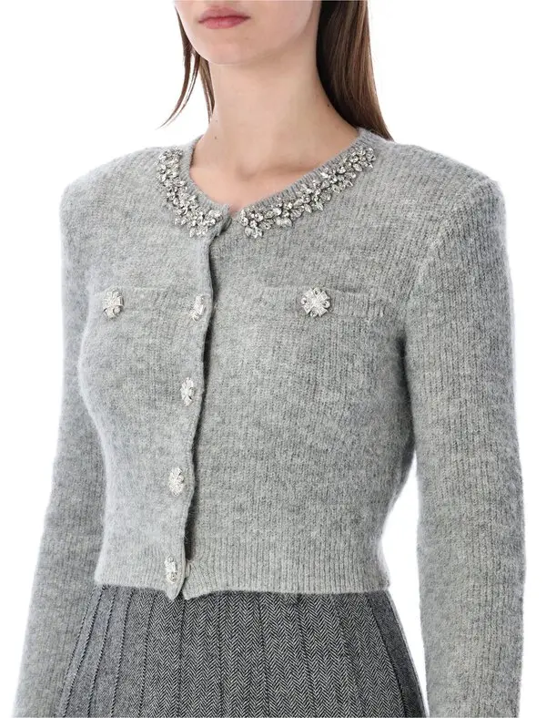 SELF-PORTRAIT Fluffy Knit Cardigan With Crystal Embellishments - Grey