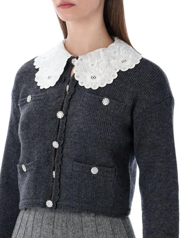 SELF-PORTRAIT Knit Cardigan With Broderie Anglaise Collar - Grey