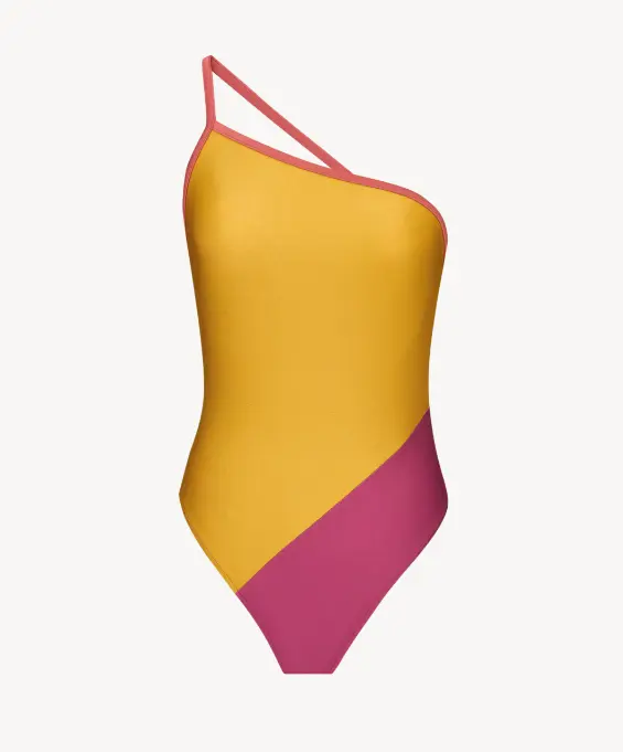 Saint Laurent One Shoulder Swimsuit - Curry/framboise/cora