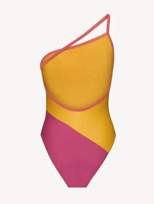 Saint Laurent One Shoulder Swimsuit - Curry/framboise/cora