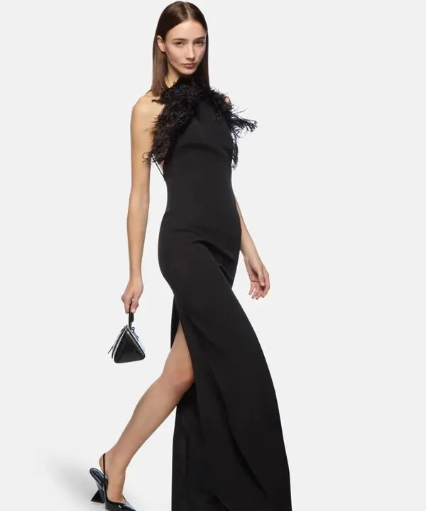 Attico Long Cady Dress With Ostrich Feathers
