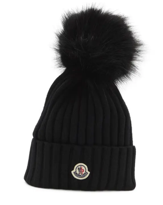 Moncler Ribbed Beanie With Fur Pom - Black