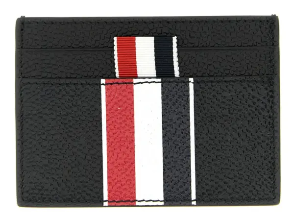 Thom Browne Double Sided Card Holder W/ Rwb Stripe In Pebble Grain Leather - Black