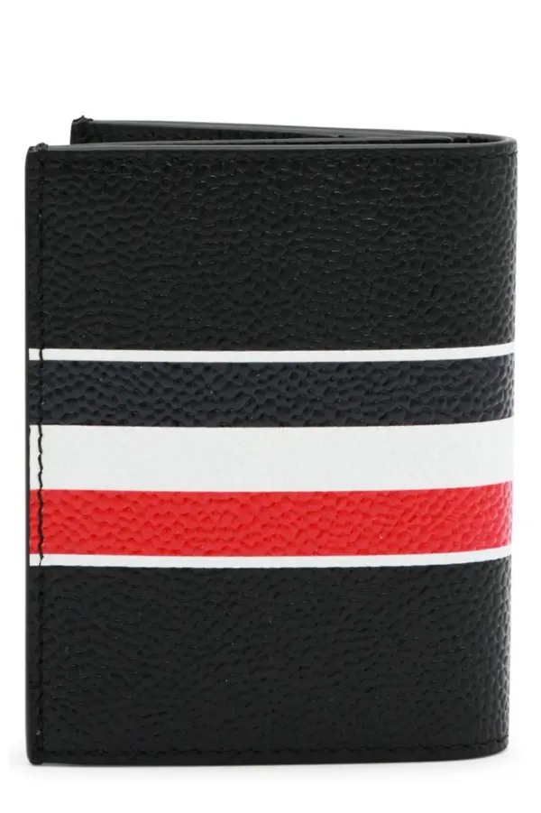 Thom Browne Double Card Holder W/ Rwb Stripe In Pebble Grain Leather - Black