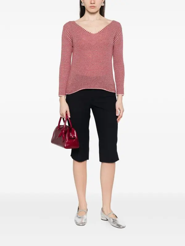 BEYOU Cashmere Striped V-neck Sweater - Ivory