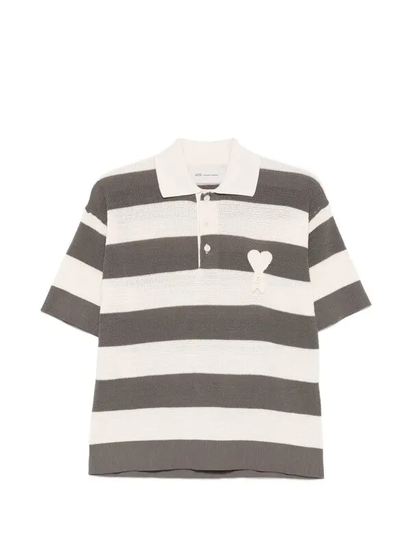 AMI Paris De Coeur Striped Polo Shirt - Grey