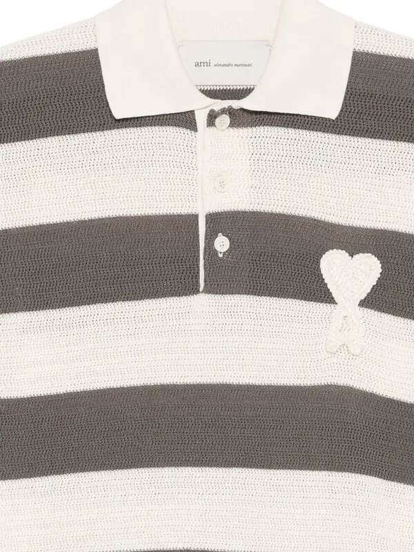 AMI Paris De Coeur Striped Polo Shirt - Grey