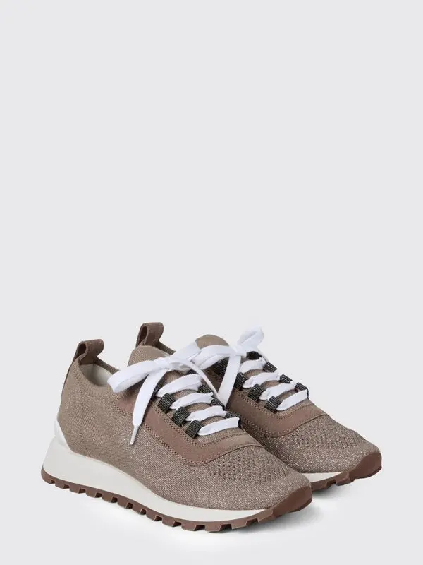 Brunello Cucinelli Cotton And Lurex Knit Lace Up Sneakers - Brown