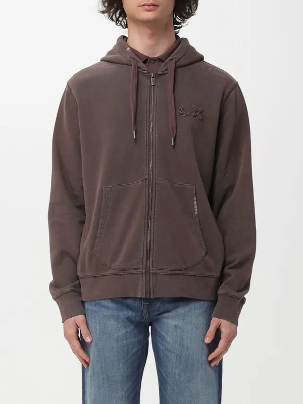 SUN 68 Full Zip Hoodie With Embroidered Logo - Brown