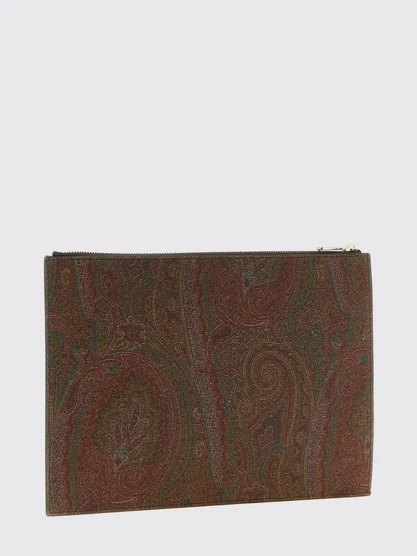 Etro Coated Cotton Paisley Print Document Holder Pouch With Leather Wrist Strap - Brown