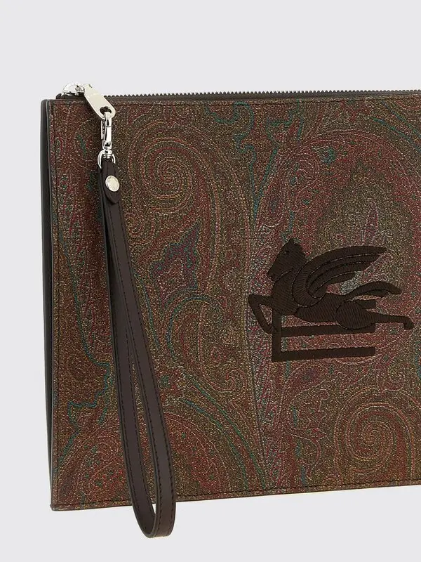 Etro Coated Cotton Paisley Print Document Holder Pouch With Leather Wrist Strap - Brown