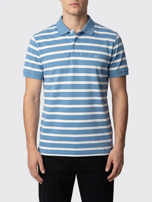 SUN 68 Striped Cotton Polo Shirt With Logo - Gnawed Blue