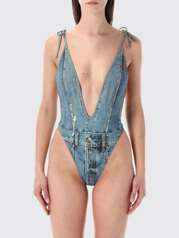 DIESEL® Abstract Print Deep V-neck One-piece Swimsuit - Denim