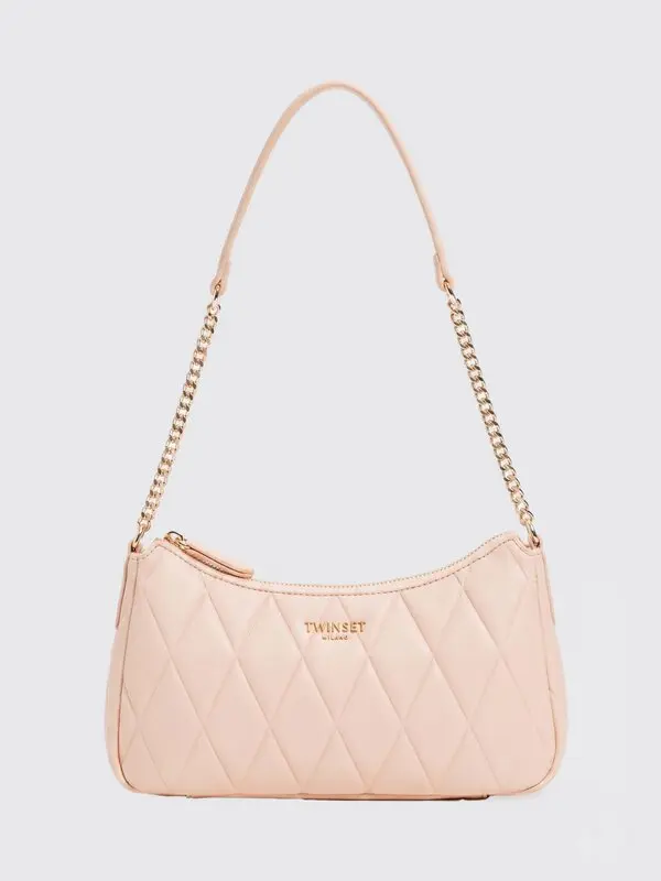 TWINSET Quilted Faux Leather Shoulder Bag With Metal Handle - Peach
