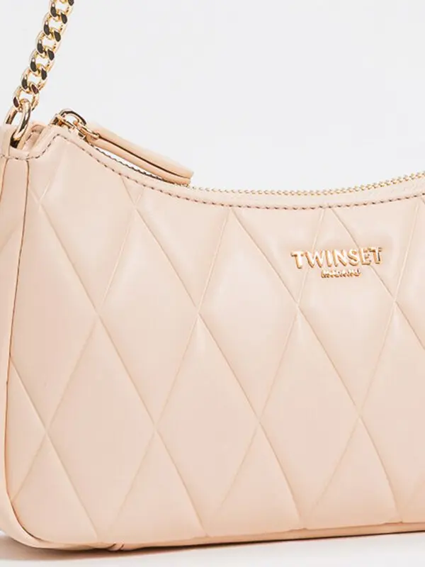 TWINSET Quilted Faux Leather Shoulder Bag With Metal Handle - Peach