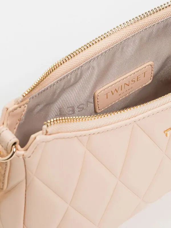 TWINSET Quilted Faux Leather Shoulder Bag With Metal Handle - Peach