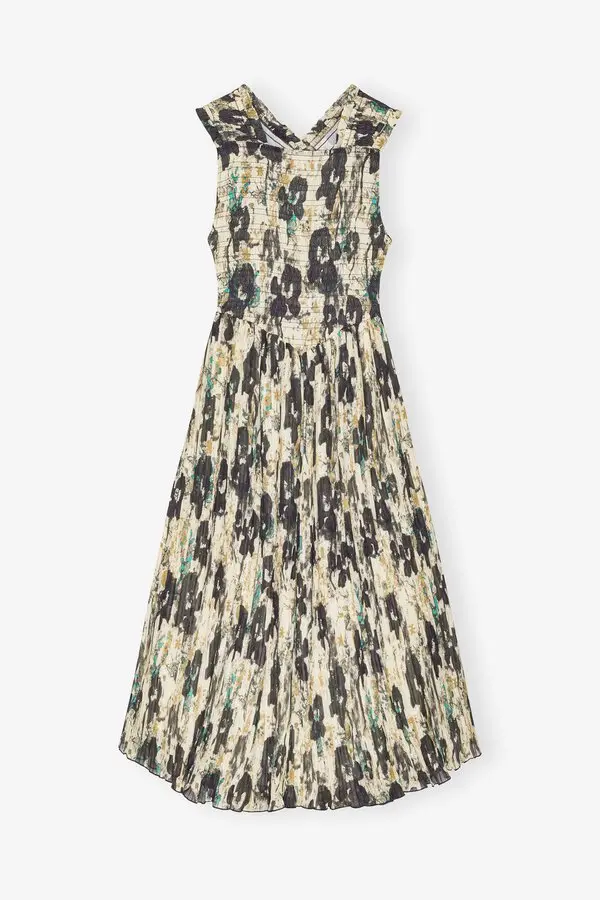 GANNI Printed Pleated Smock Midi Dress