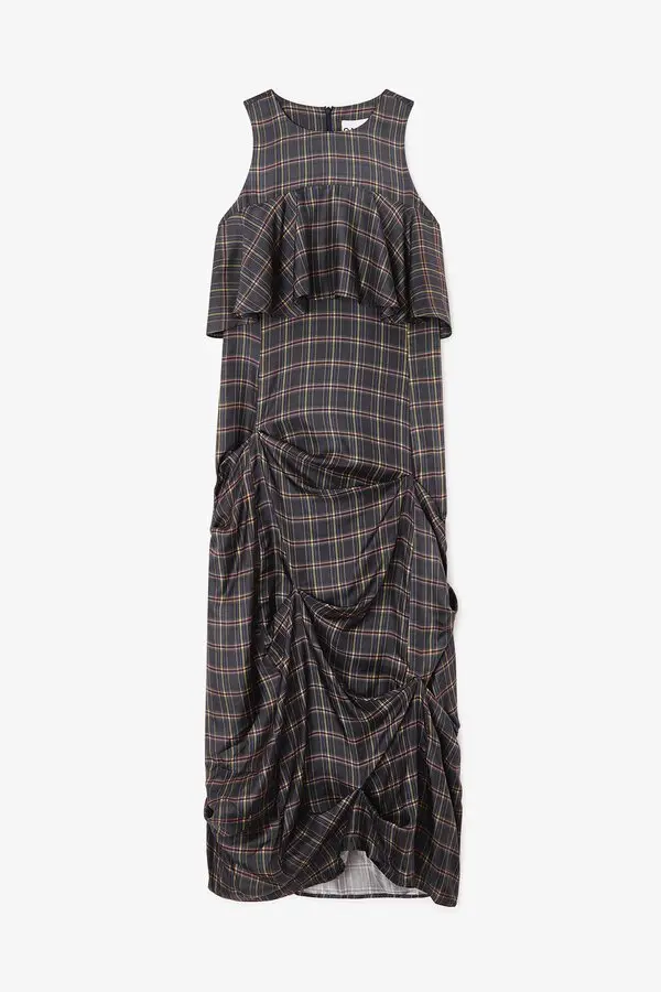 GANNI Check Ruffle Dress - Black