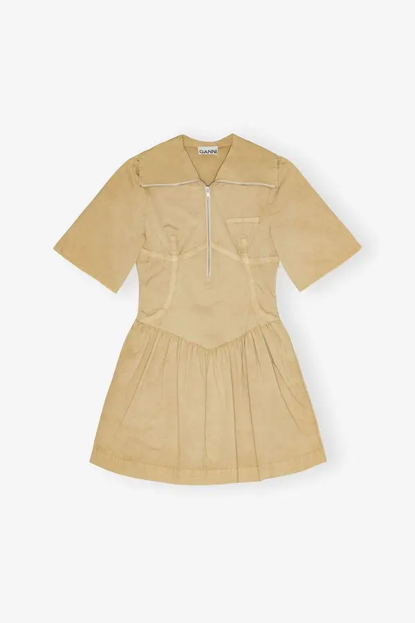 GANNI Washed Stretch Cotton Mini Dress - Beige