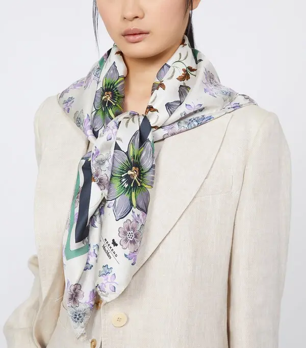 Max Mara Silk Twill Floral Scarf - White
