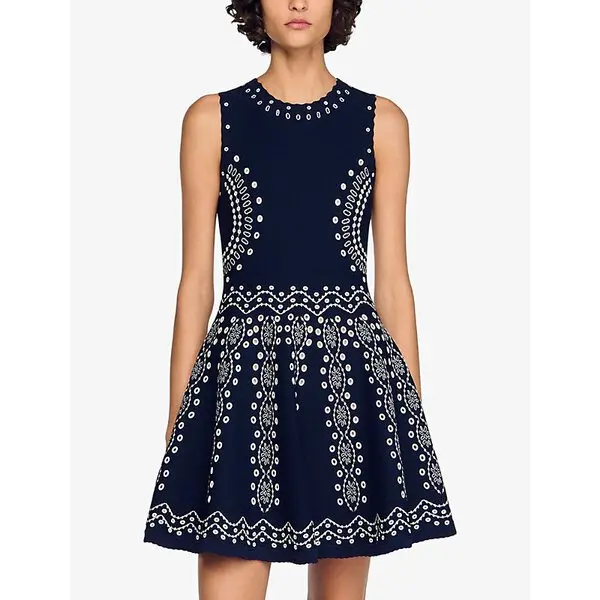 Sandro Sleeveless Scarf-print Stretch-knit Mini Dress