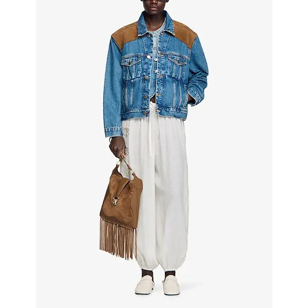 Sandro Leather And Suede Shoulder Bag - Camel