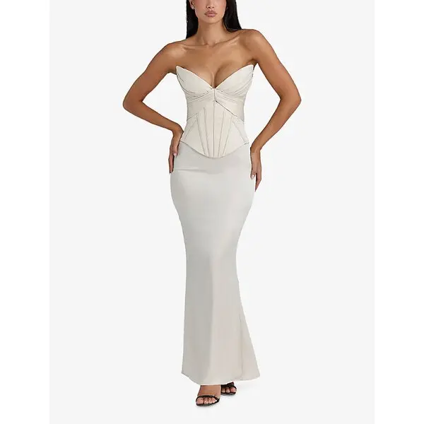 knee length dresses for ladies House Of CB Solaine Ivory Lace Corset Maxi Dress main image 0