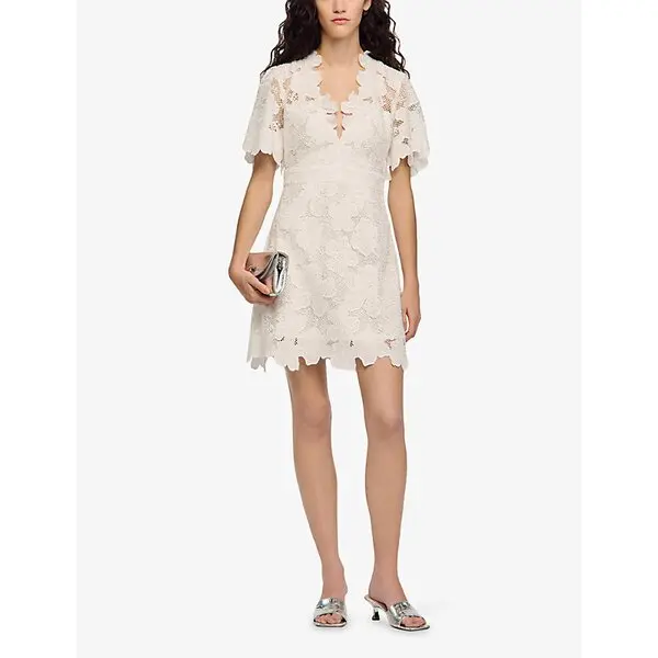 Sandro Floral V-neck Cotton-blend Mini Dress - White